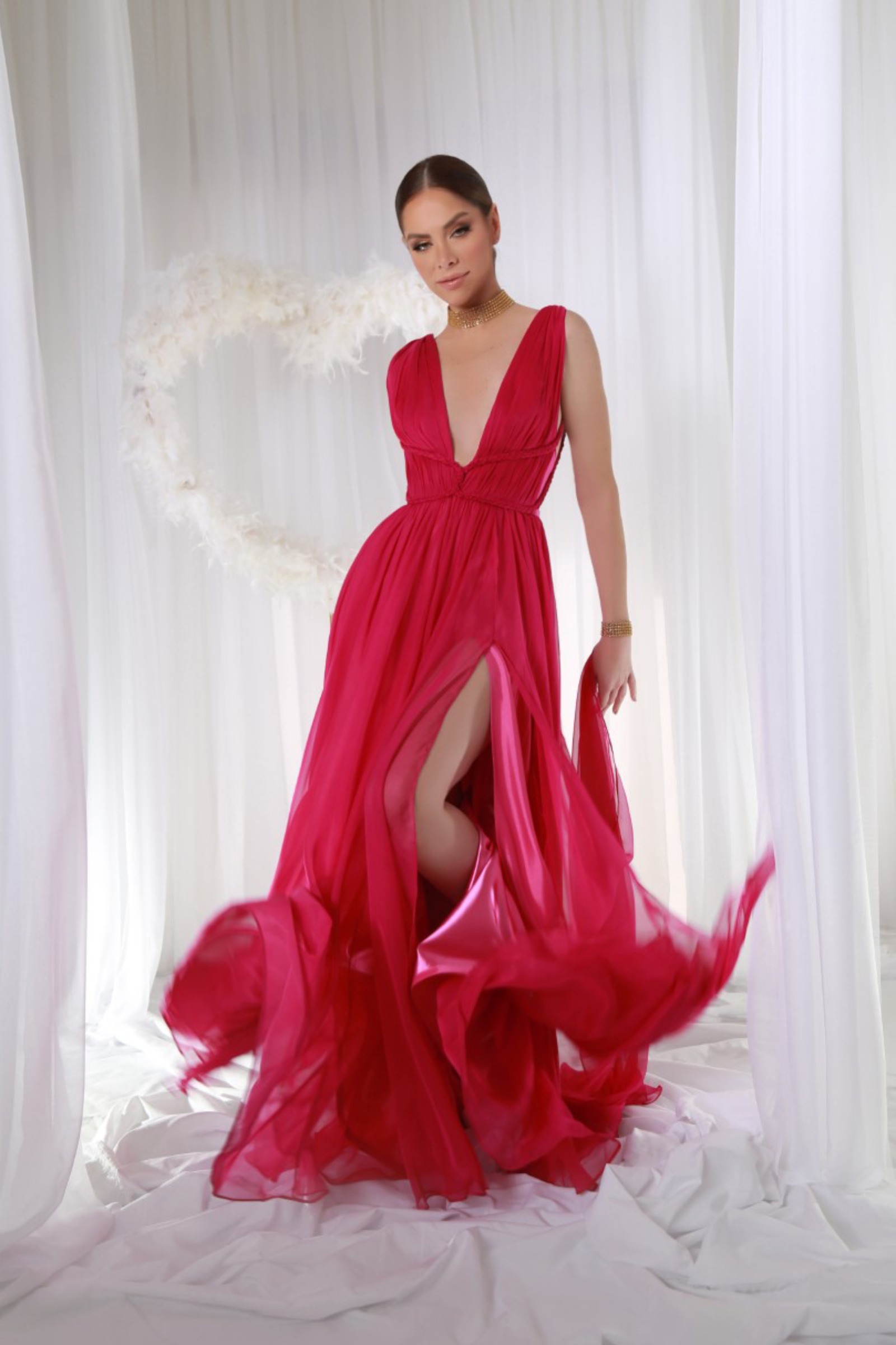 Rent NICOLAS MAALOUF Flowy Plunge Neck Long Dress in Dubai - Designer 24